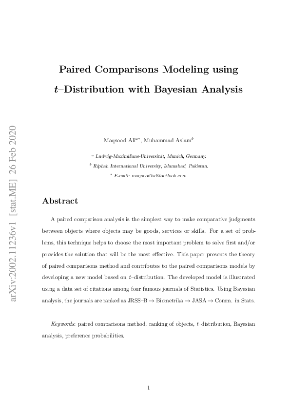 (PDF) Paired Comparisons Modeling using t-Distribution with Bayesian Analysis