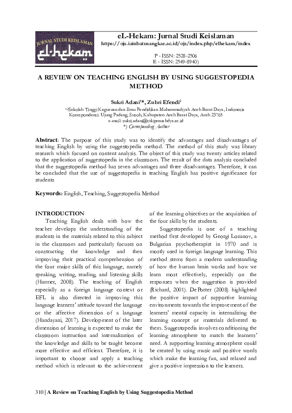 (PDF) A Review on Teaching English by Using Suggestopedia Method