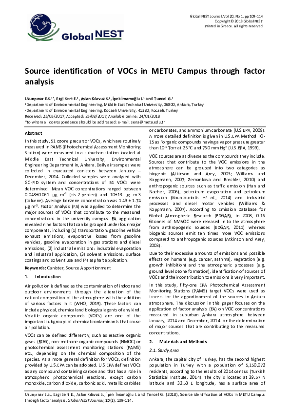 (PDF) Source Identification of VOCs In METU Campus Through Factor Analysis
