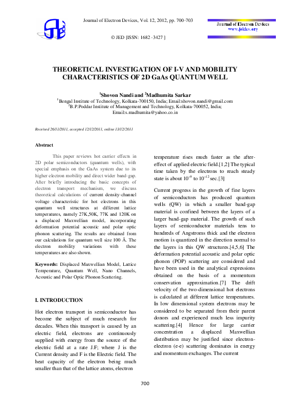 (PDF) THEORETICAL INVESTIGATION OF I-V AND MOBILITY CHARACTERISTICS OF 2D GaAs QUANTUM WELL