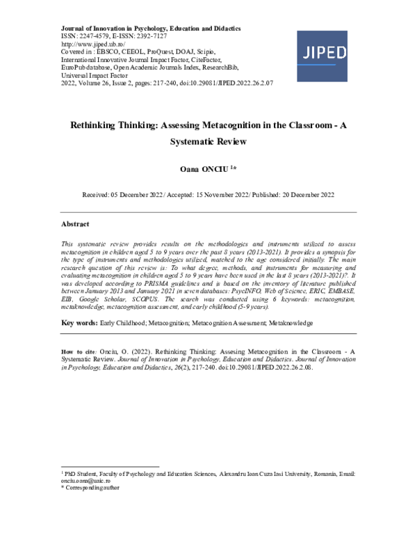 (PDF) Rethinking Thinking: Assessing Metacognition in the Classroom -A ...