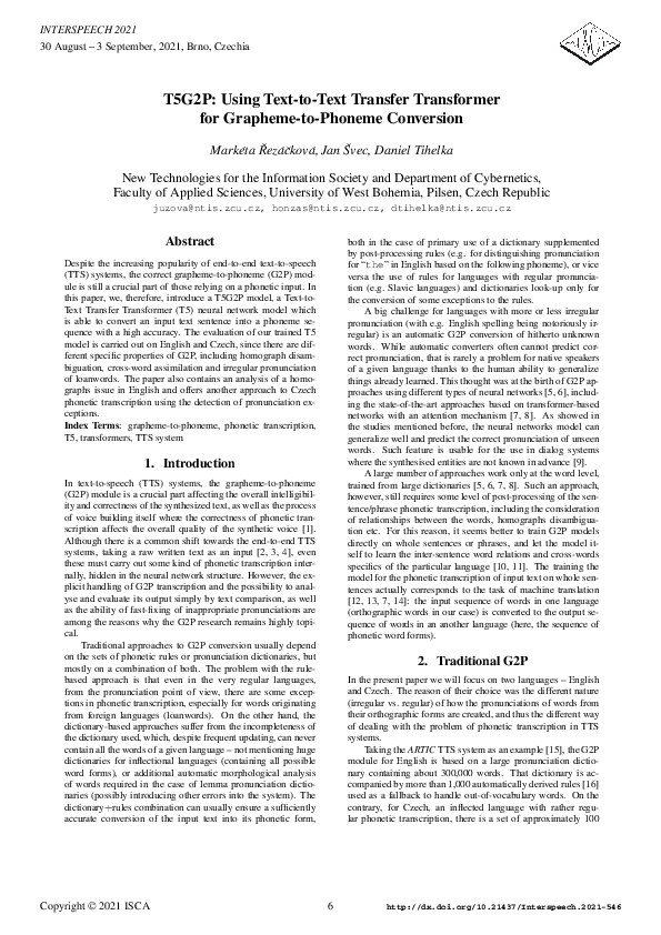 (PDF) T5G2P: Using Text-to-Text Transfer Transformer for Grapheme-to-Phoneme Conversion