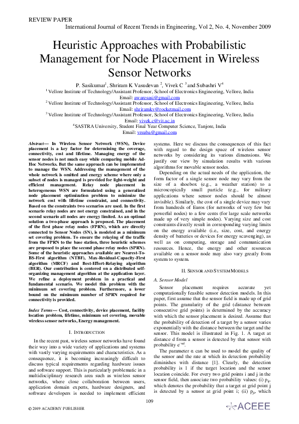 (PDF) Heuristic Approaches with Probabilistic Management for Node Placement in Wireless Sensor ...