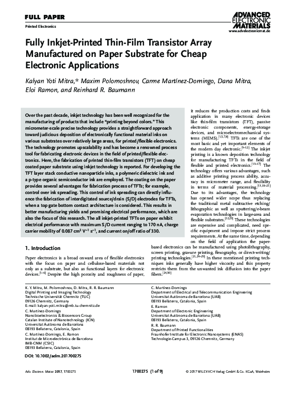 (PDF) Fully Inkjet-Printed Thin-Film Transistor Array Manufactured on ...