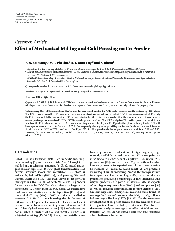 (PDF) Effect of Mechanical Milling and Cold Pressing on Co Powder
