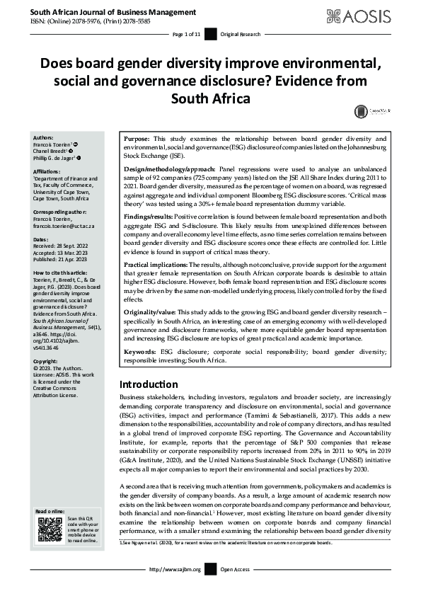 (PDF) Does board gender diversity improve environmental, social and governance disclosure ...