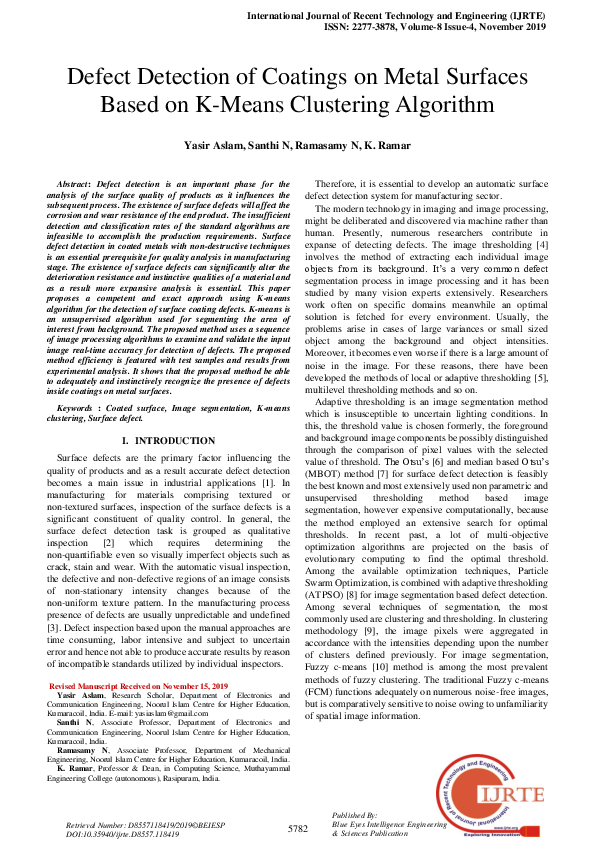 Pdf Defect Detection Of Coatings On Metal Surfaces Based On K Means Clustering Algorithm