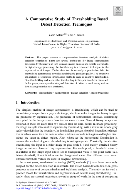 (PDF) A Comparative Study of Thresholding Based Defect Detection Techniques