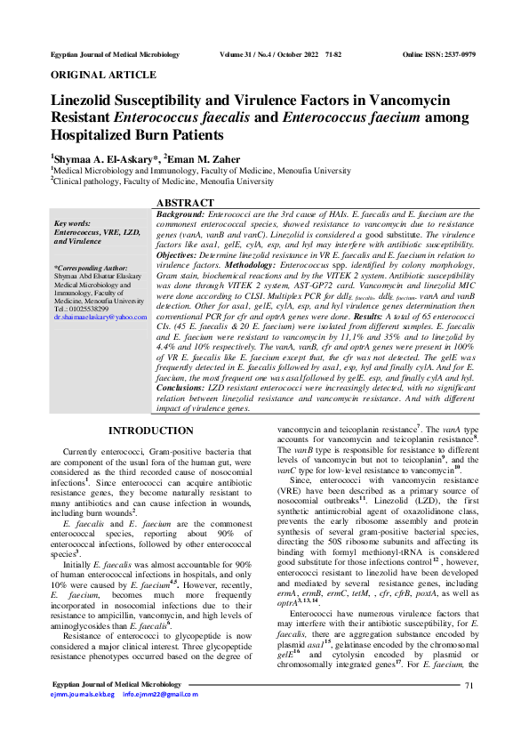 (PDF) Linezolid Susceptibility and Virulence Factors in Vancomycin Resistant Enterococcus ...