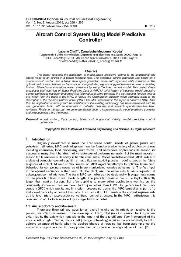 (PDF) Aircraft Control System Using Model Predictive Controller
