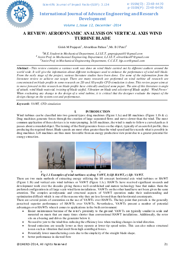 Pdf A Review Aerodynamic Analysis On Vertical Axis Wind Turbine Blade