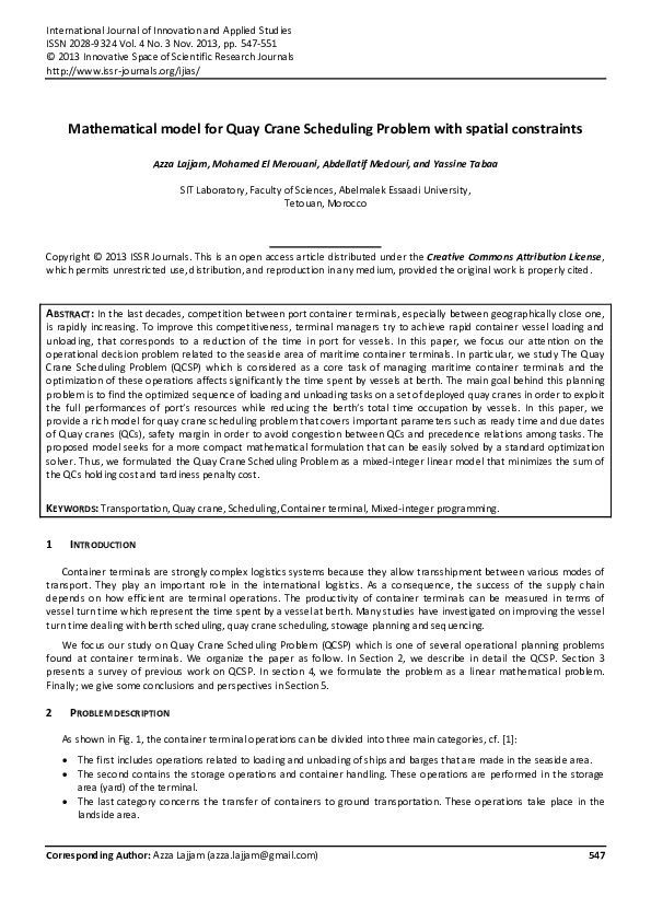 Pdf Mathematical Model For Quay Crane Scheduling Problem With Spatial Constraints 
