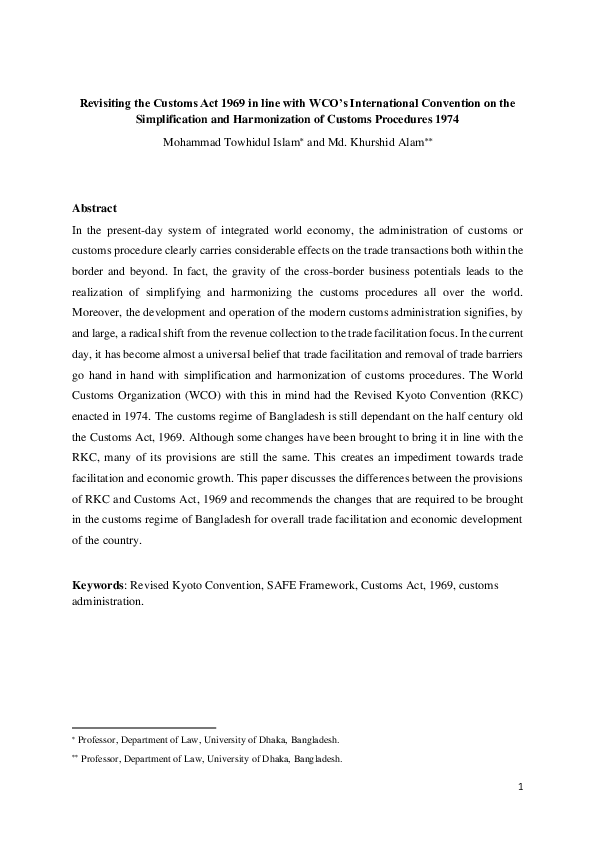 (PDF) Revisiting the Customs Act 1969 in line with WCO's International ...