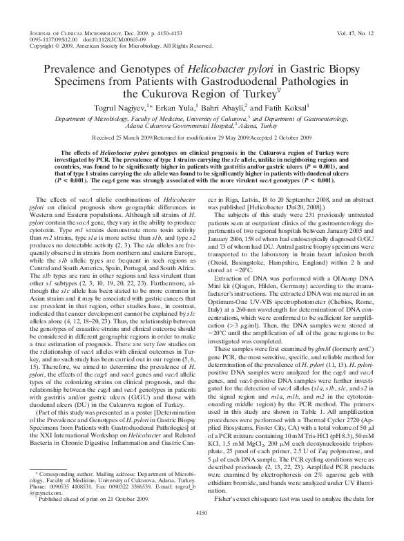 (PDF) Prevalence and Genotypes of Helicobacter pylori in Gastric Biopsy Specimens from Patients ...