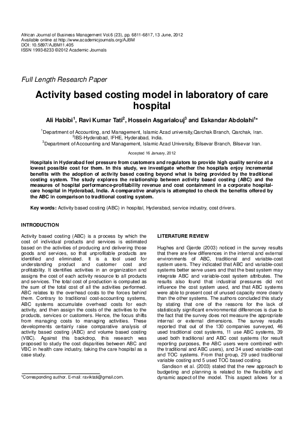 (PDF) Activity based costing model in laboratory of care hospital | Dr. Ravi Tati - Academia.edu