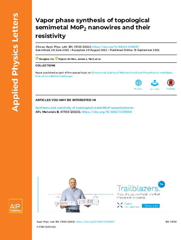 (PDF) Vapor phase synthesis of topological semimetal MoP2 nanowires and ...