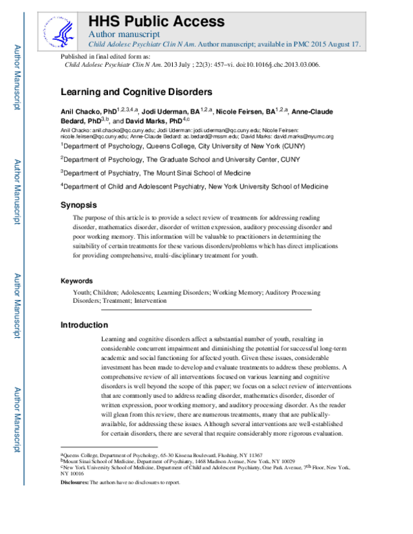 (PDF) Learning and Cognitive Disorders