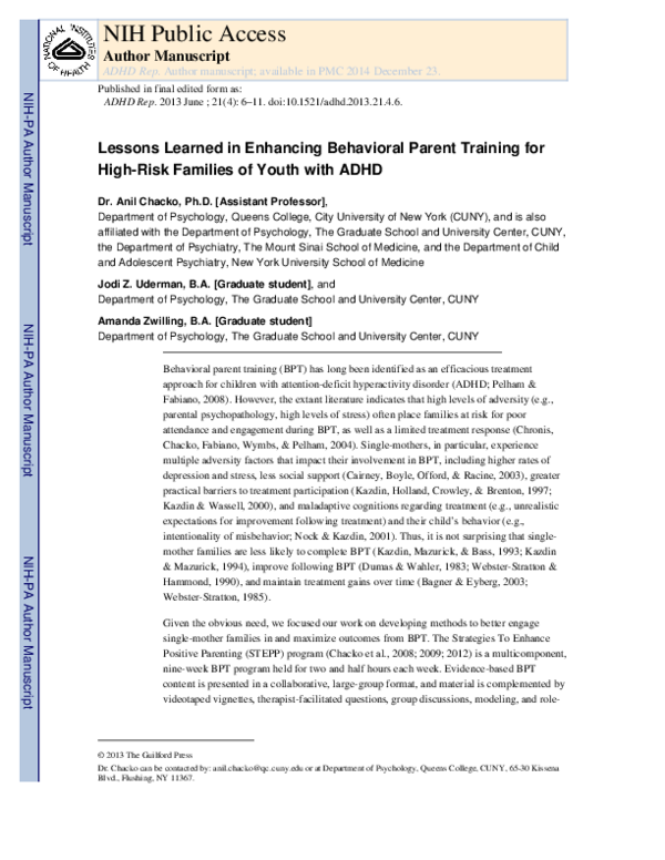 (PDF) Lessons Learned in Enhancing Behavioral Parent Training for High ...