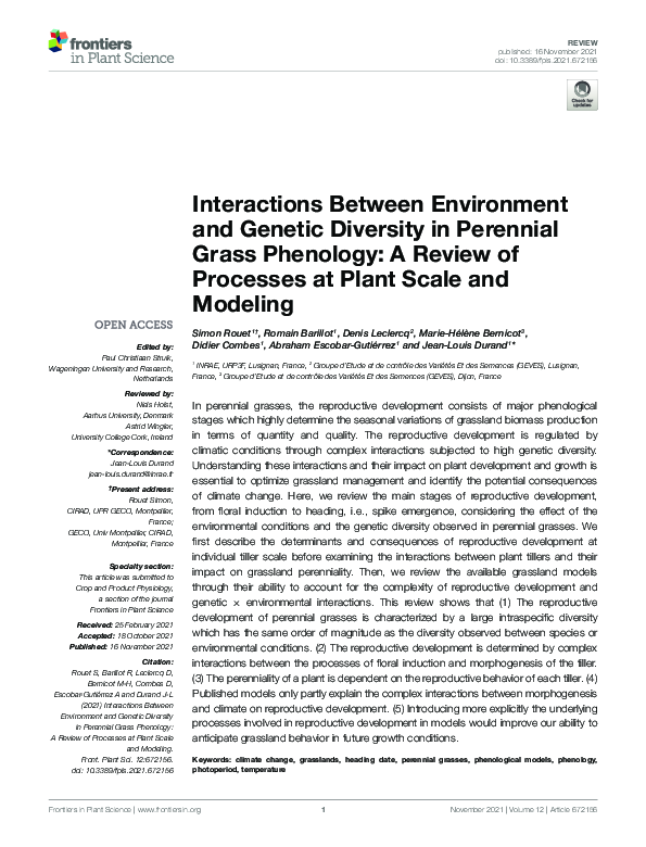 (PDF) Interactions Between Environment and Genetic Diversity in Perennial Grass Phenology: A ...