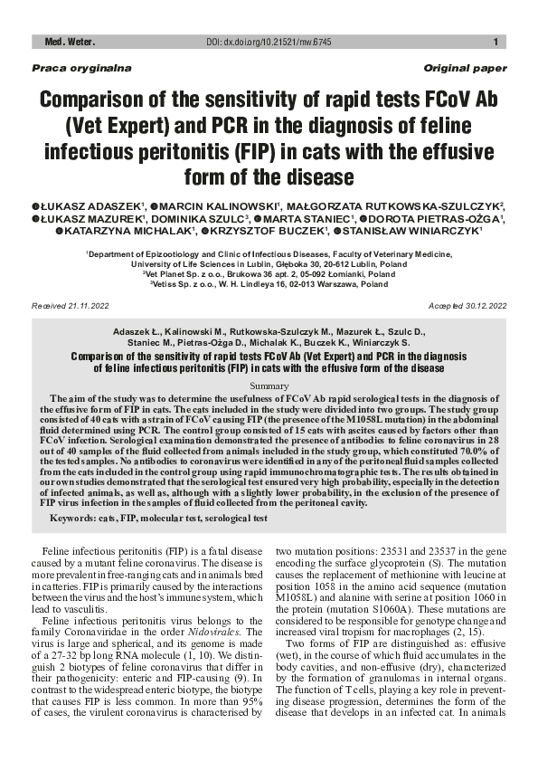 (PDF) Comparison of the sensitivity of rapid tests, FCoV Ab (Vet Expert ...
