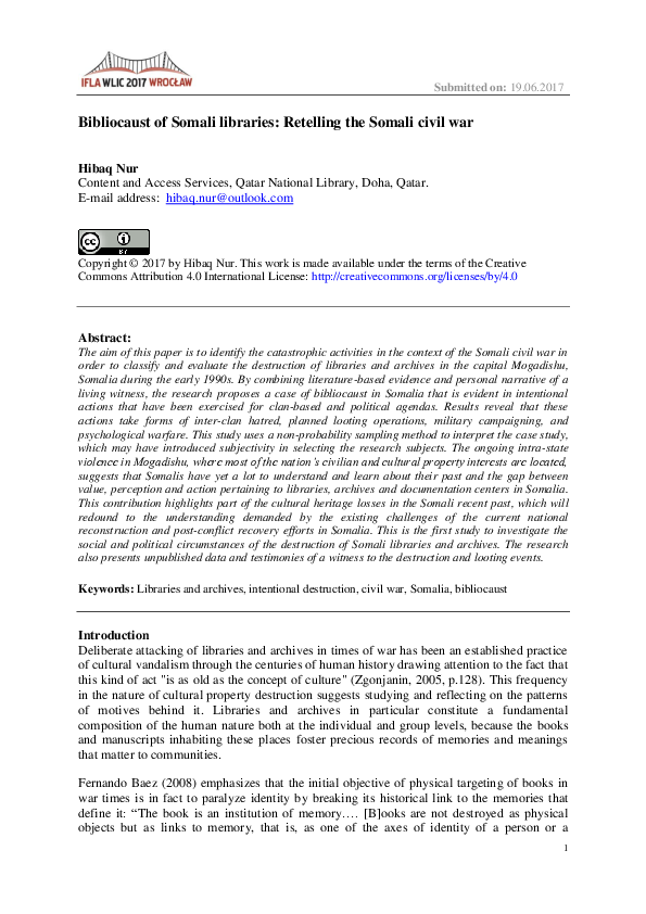(PDF) Bibliocaust of Somali libraries: Retelling the Somali civil war
