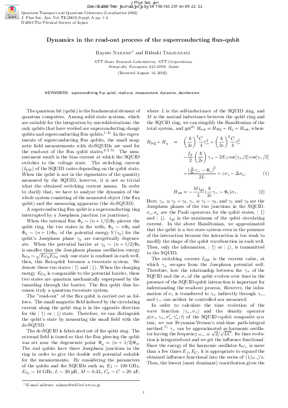 (PDF) Dynamics in the Read-Out Process of the Superconducting Flux-Qubit | Hayato Nakano ...