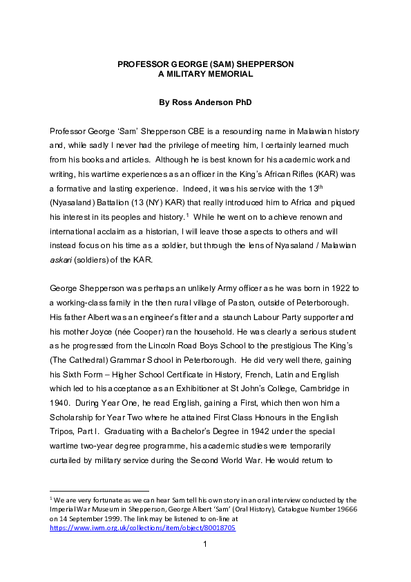 (PDF) Professor George Shepperson - A Military Memorial
