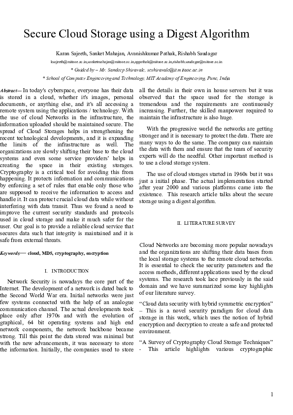 (DOC) Secure Cloud Storage using a Digest Algorithm