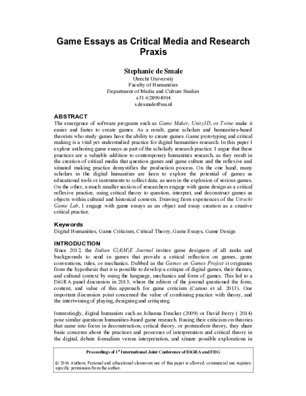 (PDF) Game Essays as Critical Media and Research Praxis