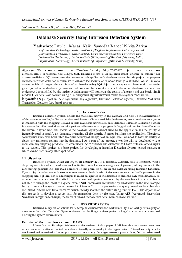 Pdf Database Security Using Intrusion Detection System