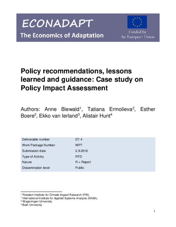 (PDF) Policy recommendations , lessons learned and guidance : Case ...