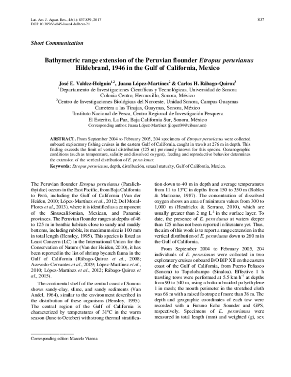 (PDF) Bathymetric range extension of the Peruvian flounder Etropus ...