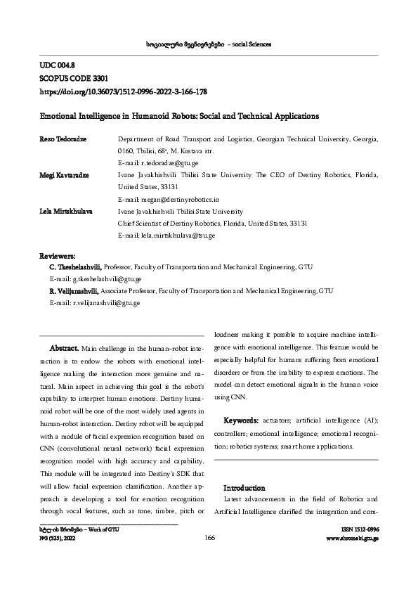 (PDF) Emotional Intelligence in Humanoid Robots: Social and Technical Applications