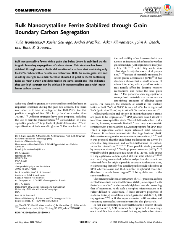 (PDF) Bulk Nanocrystalline Ferrite Stabilized through Grain Boundary Carbon Segregation