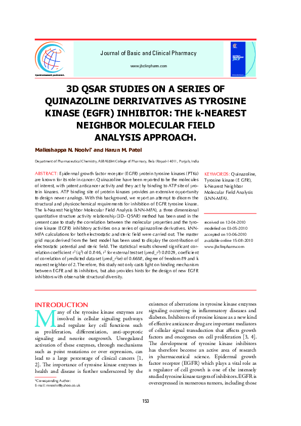 (PDF) 3d QSAR studies on a series of quinazoline derrivatives as tyrosine kinase (egfr ...