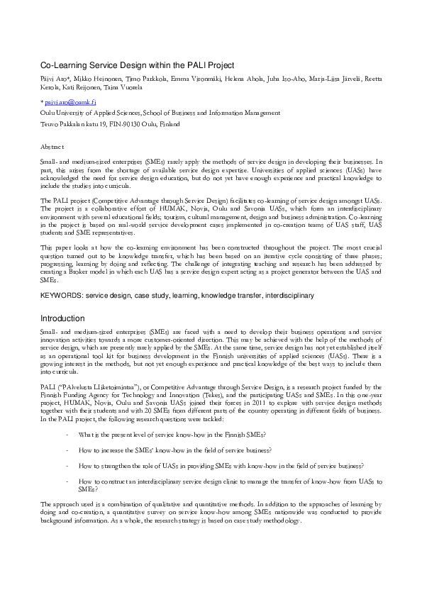 (PDF) Co-Learning Service Design within the PALI Project | Kati ...
