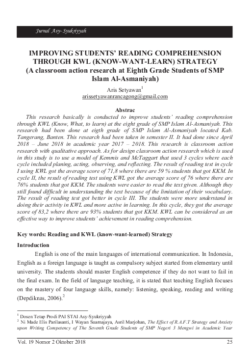 (PDF) Improving Students' Reading Comprehension Through KWL (Know-Want-Learn) Strategy | Aris ...