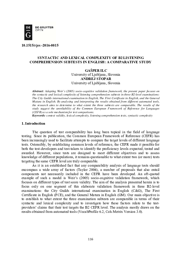 Pdf Syntactic And Lexical Complexity Of B2 Listening Comprehension Subtests In English A