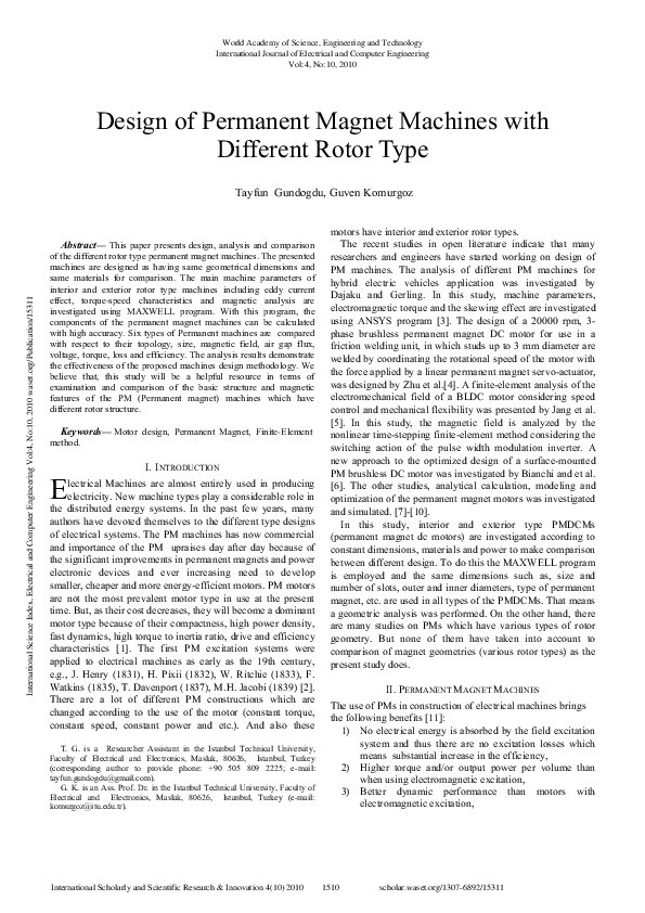 (PDF) Design Of Permanent Magnet Machines With Different Rotor Type