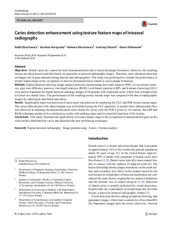 Pdf Caries Detection Enhancement Using Texture Feature Maps Of Intraoral Radiographs