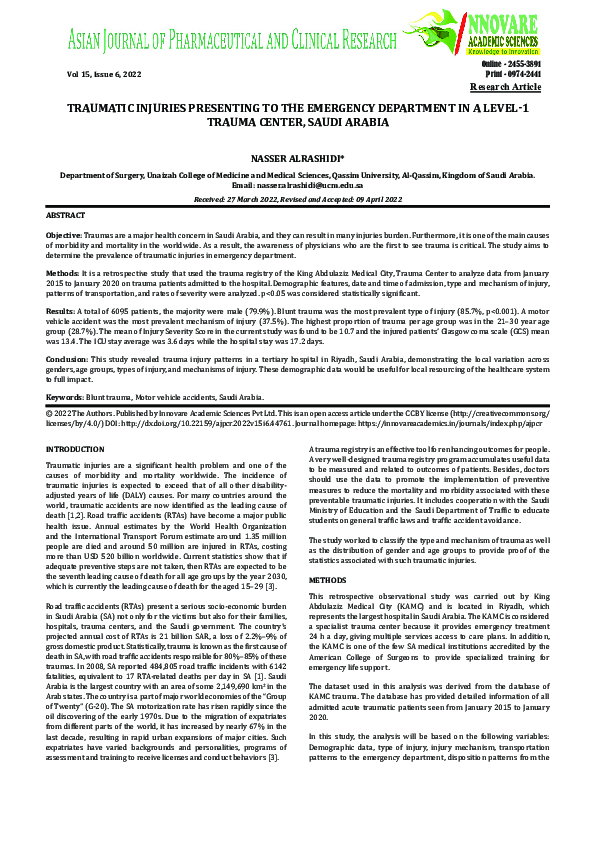 (PDF) TRAUMATIC INJURIES PRESENTING TO THE EMERGENCY DEPARTMENT IN A ...