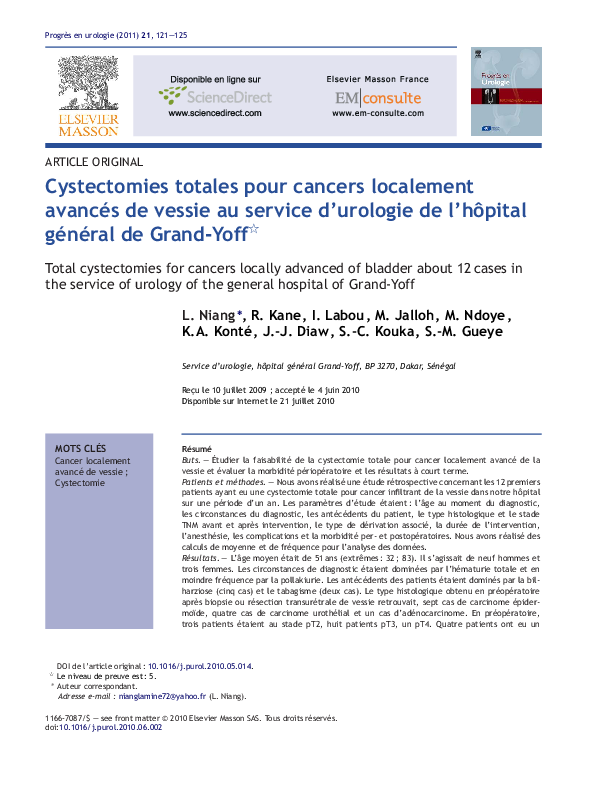 (PDF) Cystectomies totales pour cancers localement avancés de vessie au ...