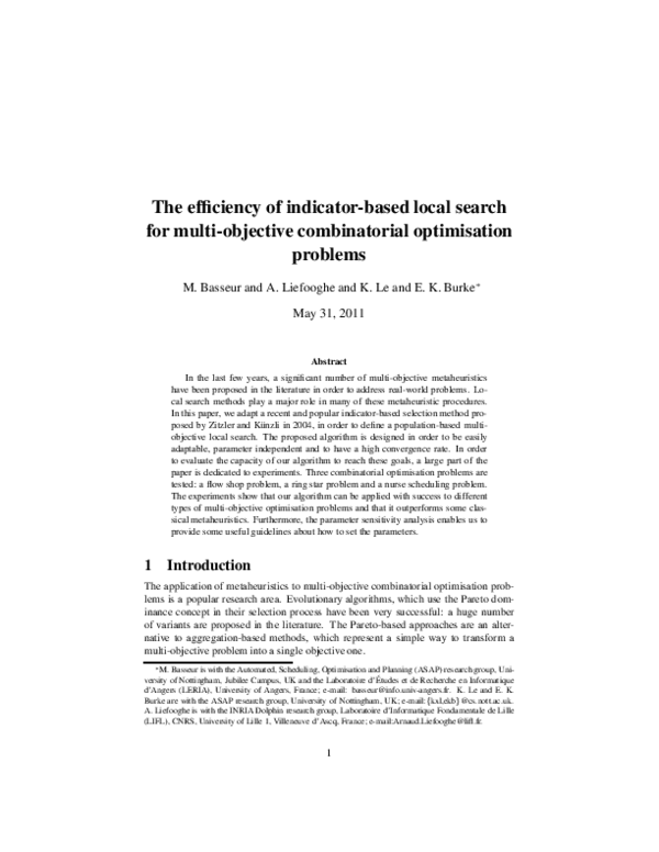Pdf The Efficiency Of Indicator Based Local Search For Multi Objective Combinatorial