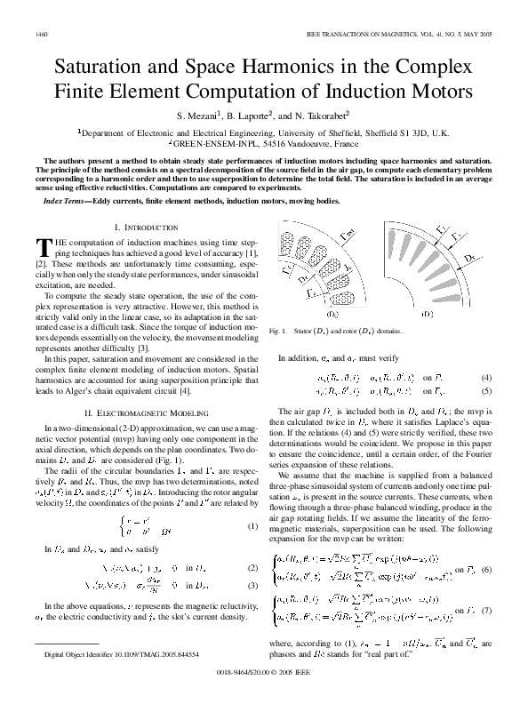 (PDF) Saturation and space harmonics in the complex finite element computation of induction motors
