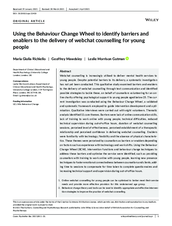 (PDF) Using the Behaviour Change Wheel to identify barriers and ...