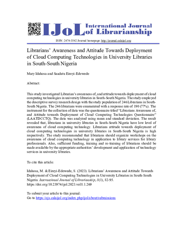 (PDF) Librarians’ Awareness and Attitude Towards Deployment of Cloud Computing Technologies in ...