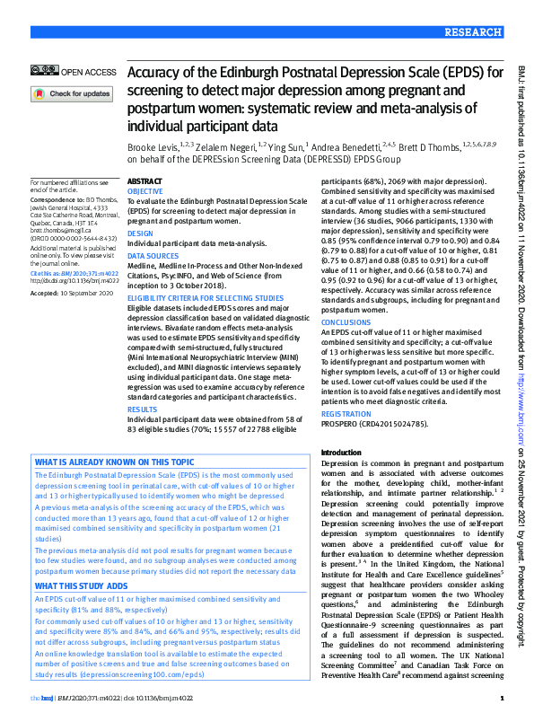 (PDF) Accuracy of the Edinburgh Postnatal Depression Scale (EPDS) for ...