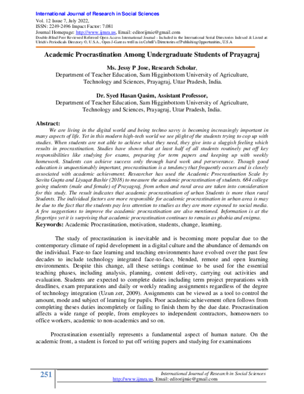 (PDF) Academic Procrastination Among Undergraduate Students of Prayagraj