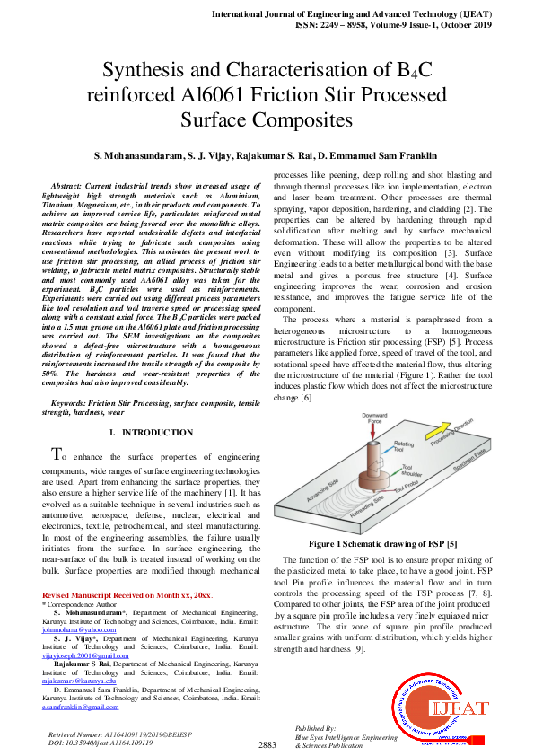 Pdf Synthesis And Characterisation Of B4c Reinforced Al6061 Friction Stir Processed Surface