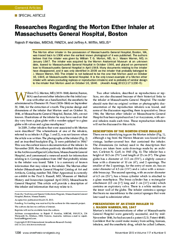 (PDF) Researches Regarding the Morton Ether Inhaler at Massachusetts ...